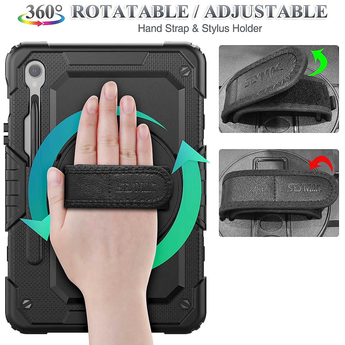 SEYMAC stock Case for Samsung Galaxy Tab S9/ S9 FE 5G Tablet Case with Screen Protector Pencil Holder [360 Rotating Hand Strap] &Stand, Drop-Proof for Galaxy Tab S9 FE 10.9''/ S9 11'', Black1
