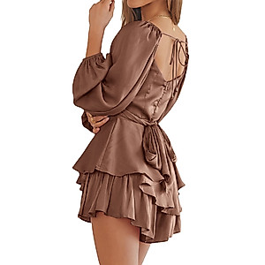 Womens Rompers Off Shoulder Ruffle Hem Short Dress Baggy Bubble Long Sleeve Sexy Flowy Backless Jumpsuit