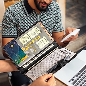 CoBak Server Book - Waitress Book Organizer with Zipper Pouch for Restaurant Waitstaff, 7 Pockets with Pen Holder