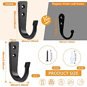 WODEGIFT 5Pcs Large Size Wall Hooks, Heavy Duty Wall Hooks for Hanging, Coat Hooks for Hanging, Large Size Wall Hooks, for Hanging Heavy Duty Pans, Backpacks, Coats and Garage Items (Black Hooks)