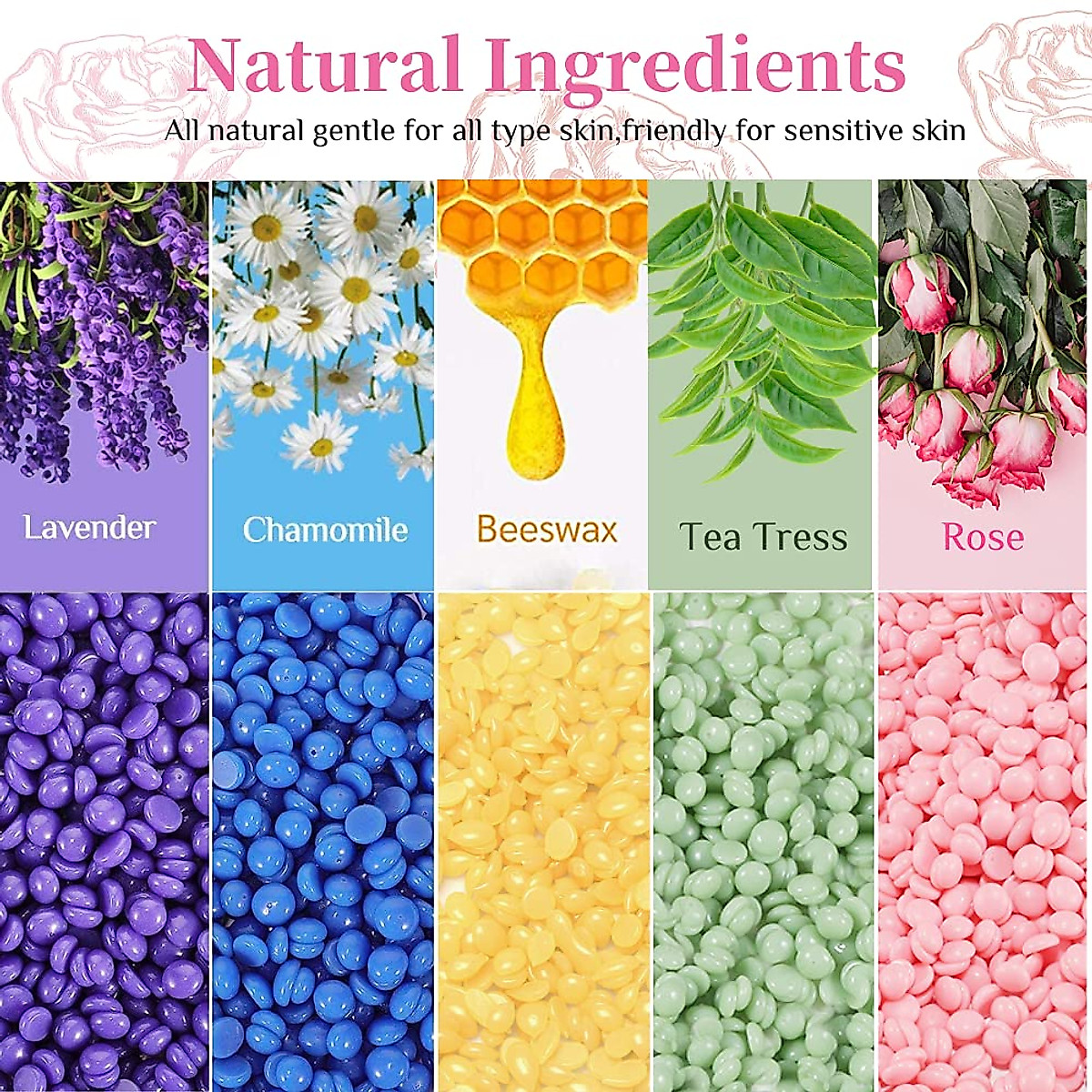 Hard Wax Beads for Hair Removal - 5Pack 100g 5 Colors wax bean for daily use with clean tool