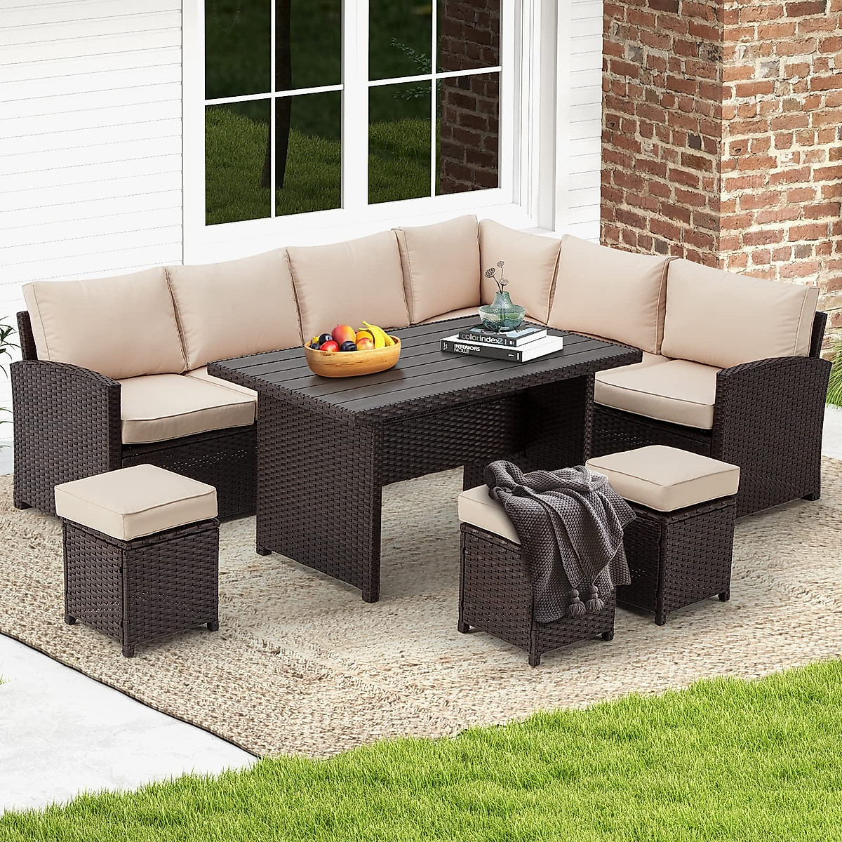 U-MAX 7 Pieces Patio Furniture Set Outdoor Sectional Sofa Conversation Set All Weather Wicker Rattan Couch Dining Table & Chair with Ottoman, Khaki Cushion