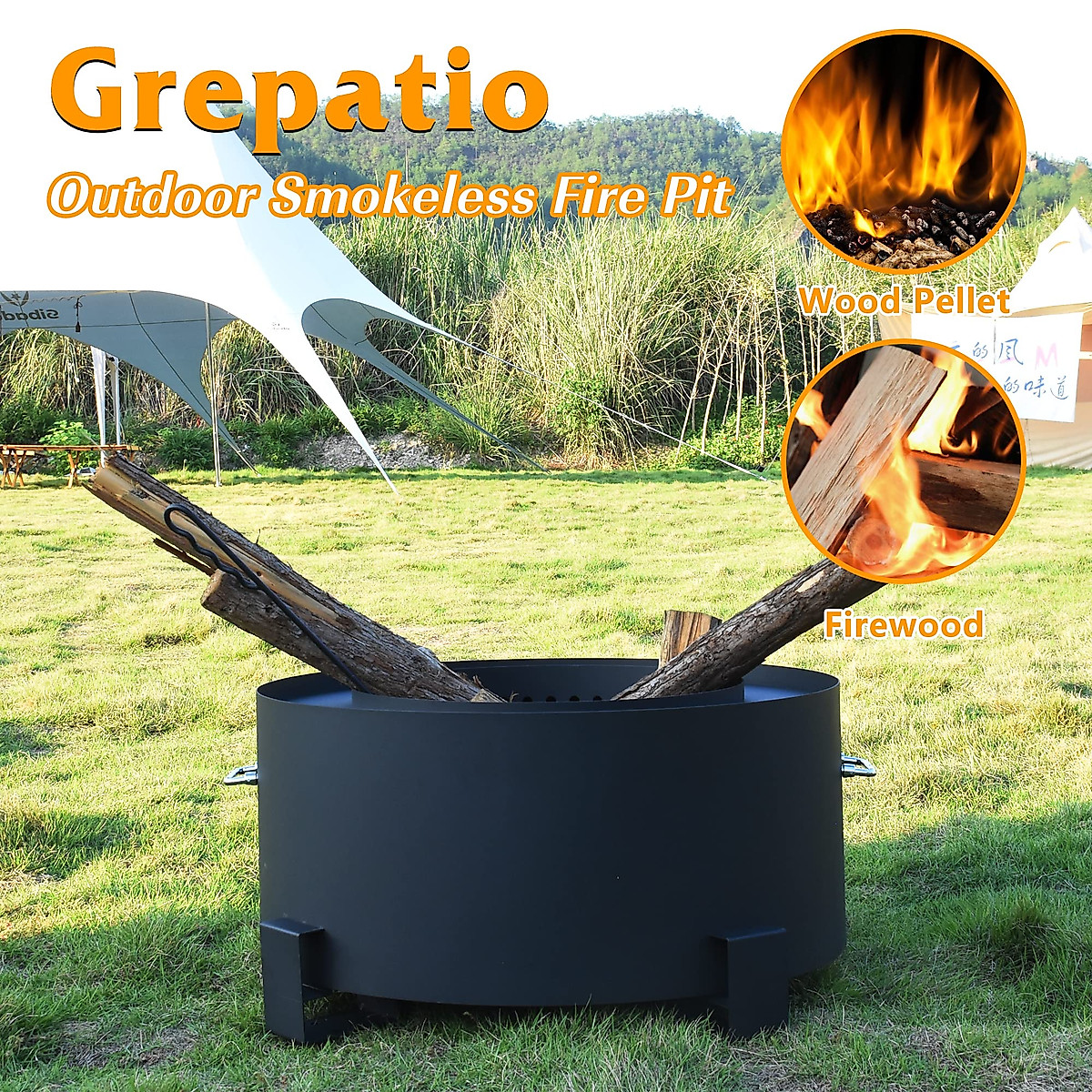 Grepatio Fire Pit, Outdoor Smokeless Fire Pit Wood Burning 27in Stove Bonfire Firepit with Cover Glass Bead for Outside, Patio, Wood Burning, Backyard Firebowl(Black)