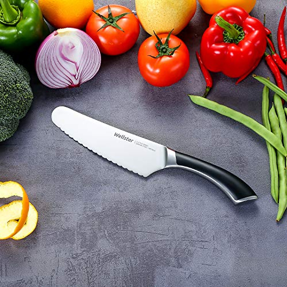 WELLSTAR Sandwich Knife, 6.5 Inch German Stainless Steel Serrated Utility Knife for Bread Vegetable Meat Cutting, Butter Spreader Knife, Razor Sharp Full Tang Handle Multipurpose Kitchen Knife