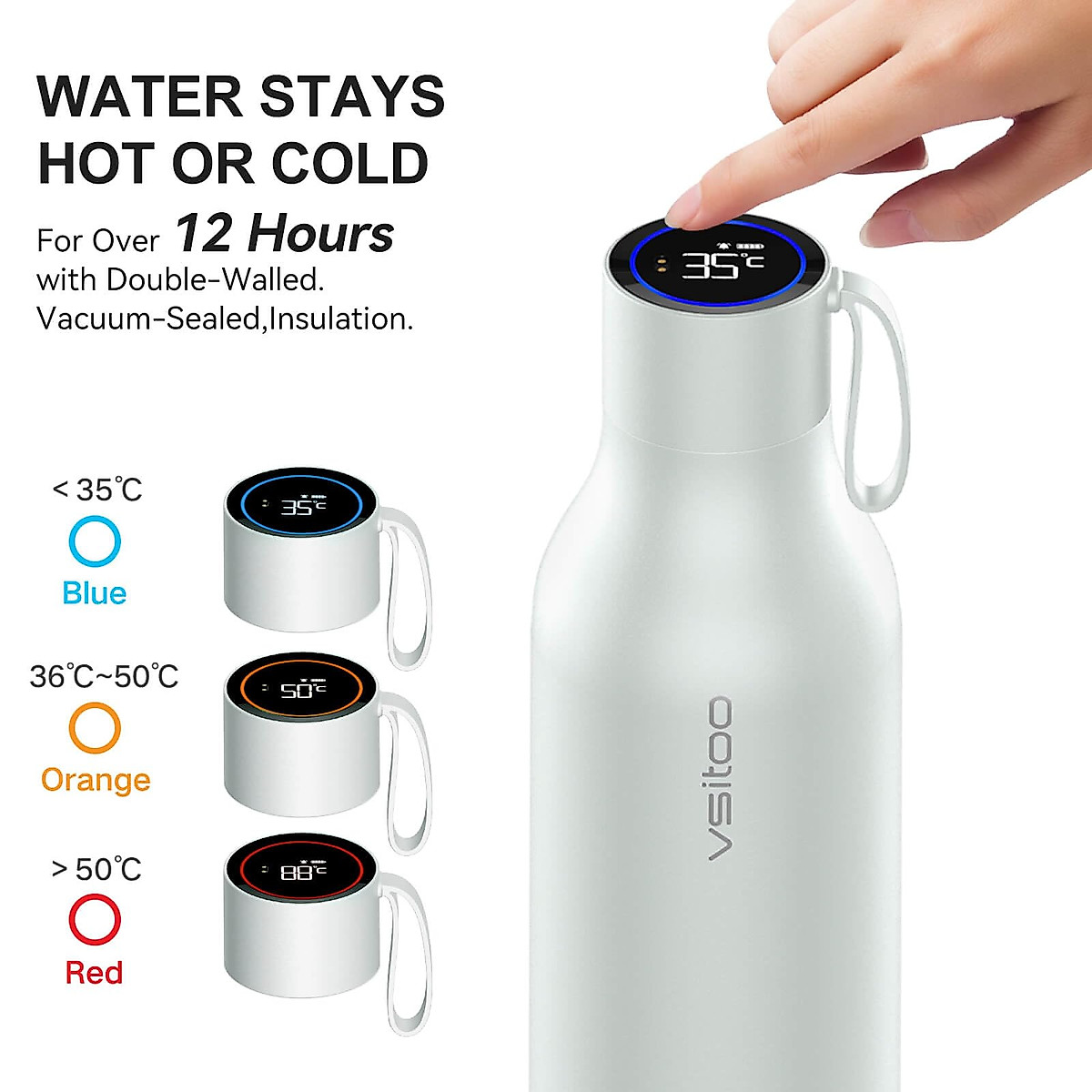 vsitoo Self-Cleaning Water Bottle, 33oz Insulated Stainless Steel BPA-Free Smart Water Bottle, Touch Screen APP Control & Auto-Cleaning, Thermal Flask for Travel, White
