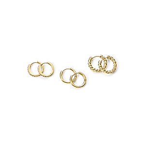 PAVOI 18K Yellow Gold Plated 925 Sterling Silver Posts 3 Pairs Small Hoop Earrings for Women - Cubic Zirconia Plain Rope Huggie Hoops Pack - Lightweight Earrings Set