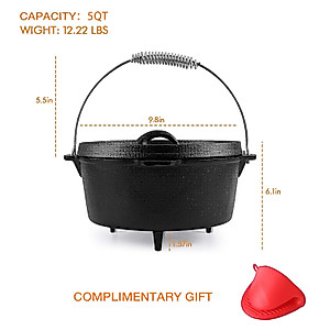 MEIGUI 5QT Cast Iron Dutch Oven, Pre-seasoned Non-Stick Dutch Oven with Lid & Lifter Handle, Round Large Dutch Oven Liners Camp Cookware Pot for Camping Cooking, BBQ, Basting, Baking, Black