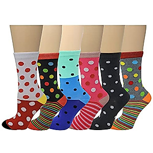 Sumona 6 Pairs Women Colorful Fancy Design Soft & Stretchy Novelty Crew Socks (Bright Polka Dot)