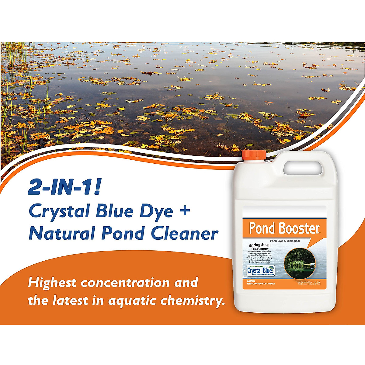 Crystal Blue Pond Booster - Crystal Blue Pond Dye & Natural Pond Cleaner Combo - Treats up to 1 Acre - Crystal Blue Water While Reducing Muck & Sludge - 1 Gallon