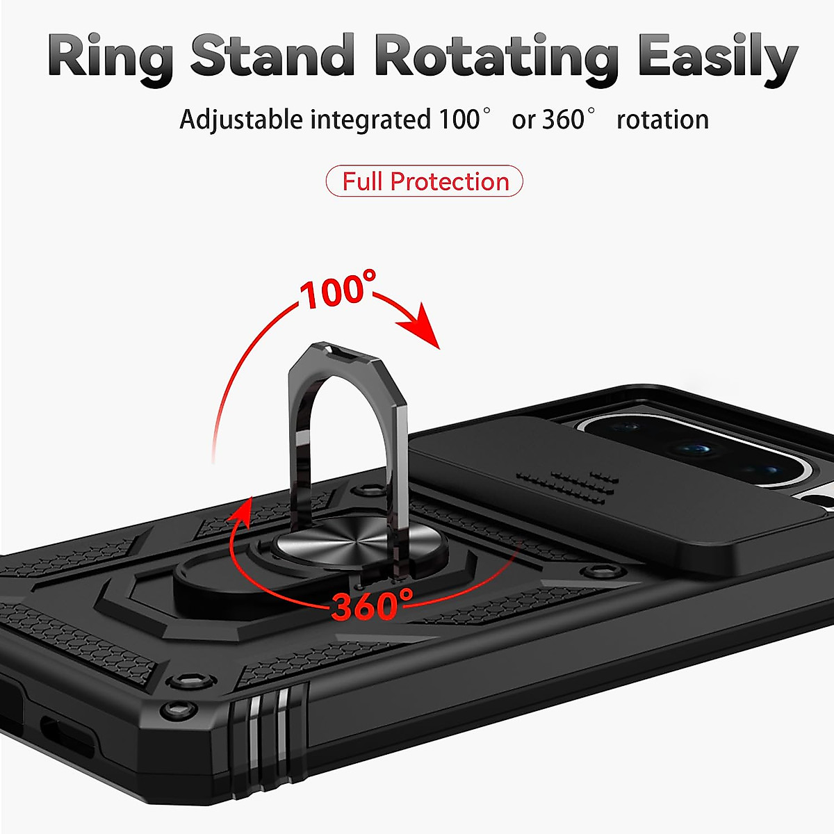 for Google Pixel 8 Pro Case with Slide Camera Cover HD Screen Protector [Military Grade 16ft. Drop Tested] Magnetic Ring Holder Kickstand Protective Phone Case for Google Pixel 8 Pro 2023, Black