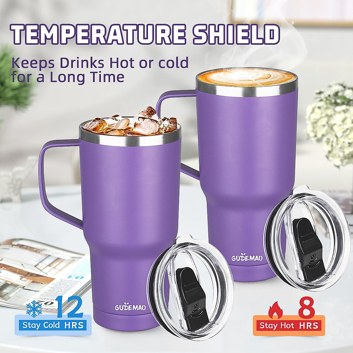 20 oz Insulated Coffee Mug with Ceramic Coating, Stainless Steel Travel Mug Tumbler with Handle Lid and Straw, Double Wall Leak-Proof Thermos Coffee Travel Mug Keeps Drink Hot and Cold (Purple)