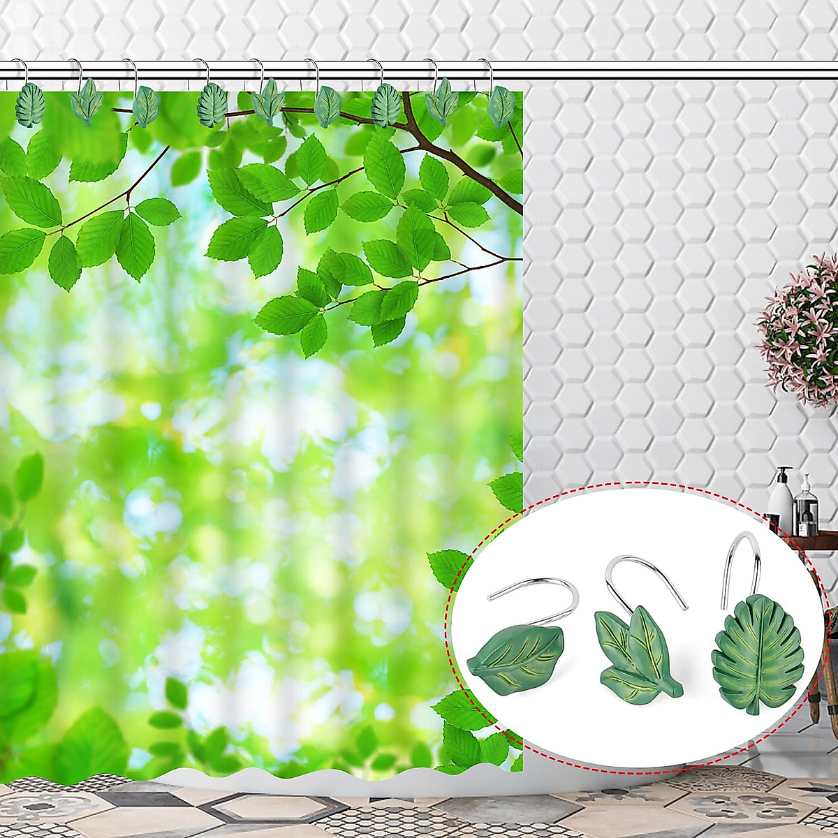 EVOOKA 12PCS Leaves Shower Curtain Hooks, Green Plant Leaf Metal rustproof Cute Shower Curtain Rings Bathroom Decoration for Home Bathroom Bedroom Living Room
