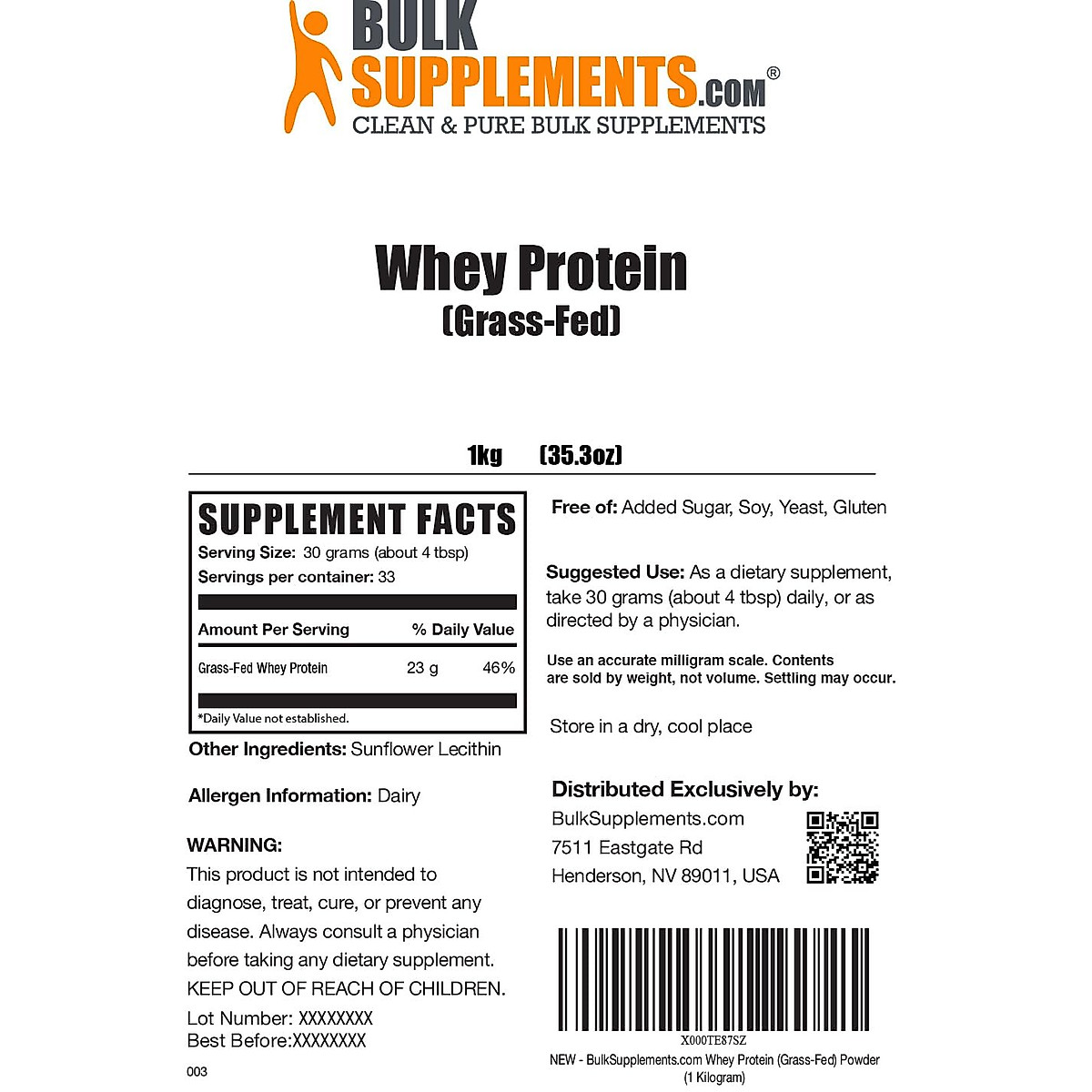 BulkSupplements.com Grass Fed Whey Protein Powder - Unflavored Whey Protein Powder, Grass Feed Whey Protein Concentrate - Gluten Free, 30g per Serving, 1kg (2.2 lbs) (Pack of 1)