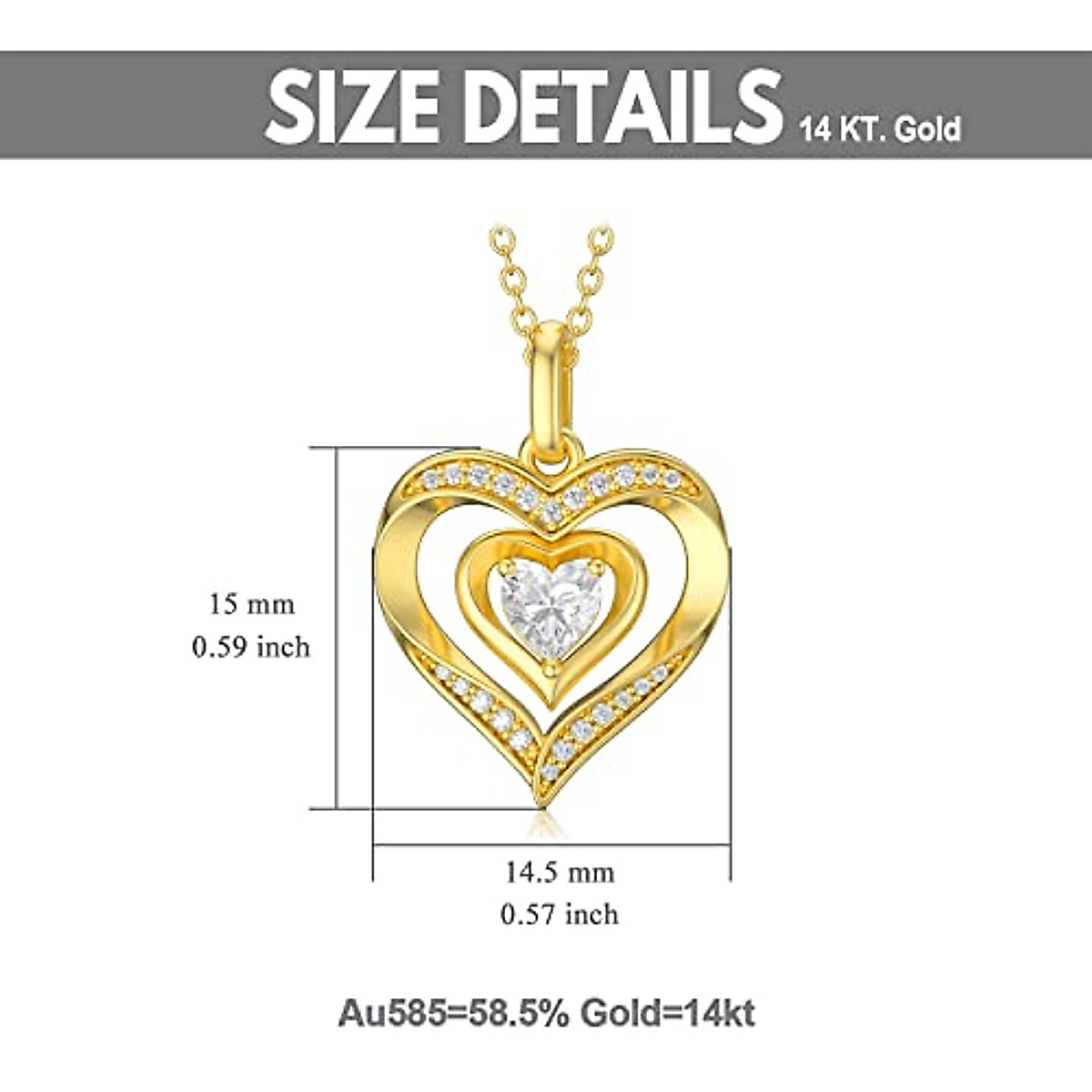 14K Solid Gold Heart Necklace for Women, "Forever Love In My Heart" Real Yellow Gold Love Heart Pendant Delicate Jewelry Gifts for Mom, Wife, 16-18 inch
