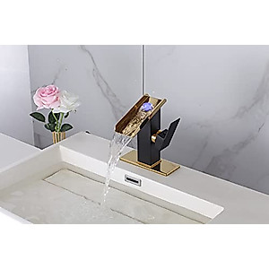 Black Bathroom Faucet Golden Waterfall Open Spout LED Color Changing One Hole Bath Vanity Sink Tap Single Handle with Bathroom Sink Drain Pop Up Stopper Overflow Water Supply Hose Include Modern