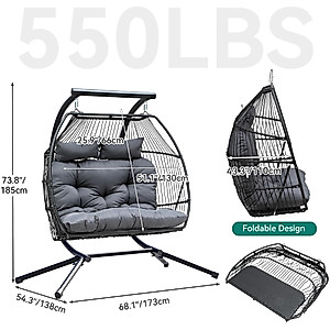 YITAHOME Hanging Egg Swing Chair with Stand Egg Chair Wicker Indoor Outdoor Hammock Egg Chair with Cushions 550lbs for Patio, Bedroom, Garden and Balcony, Dark Gray(Stand Included)