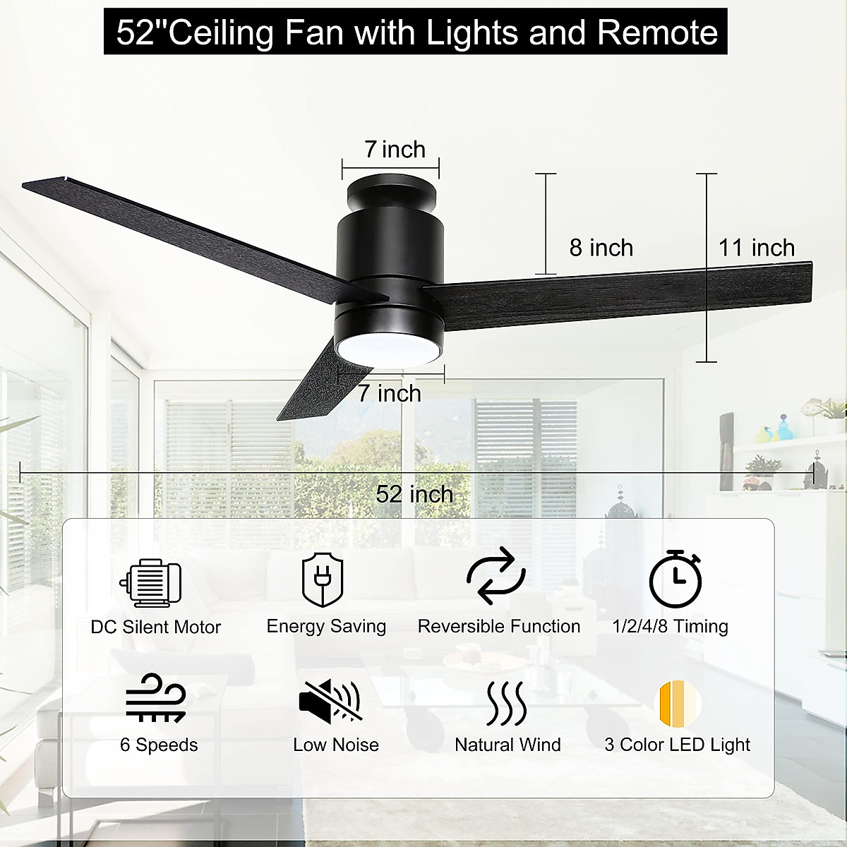 Flybull Ceiling Fans with Lights Flush Mount, 52 Inch Modern Black Ceiling Fan with Light and Remote Control - 3 Wood Blades LED Ceiling Fan Low Profile Ceiling Fan Light