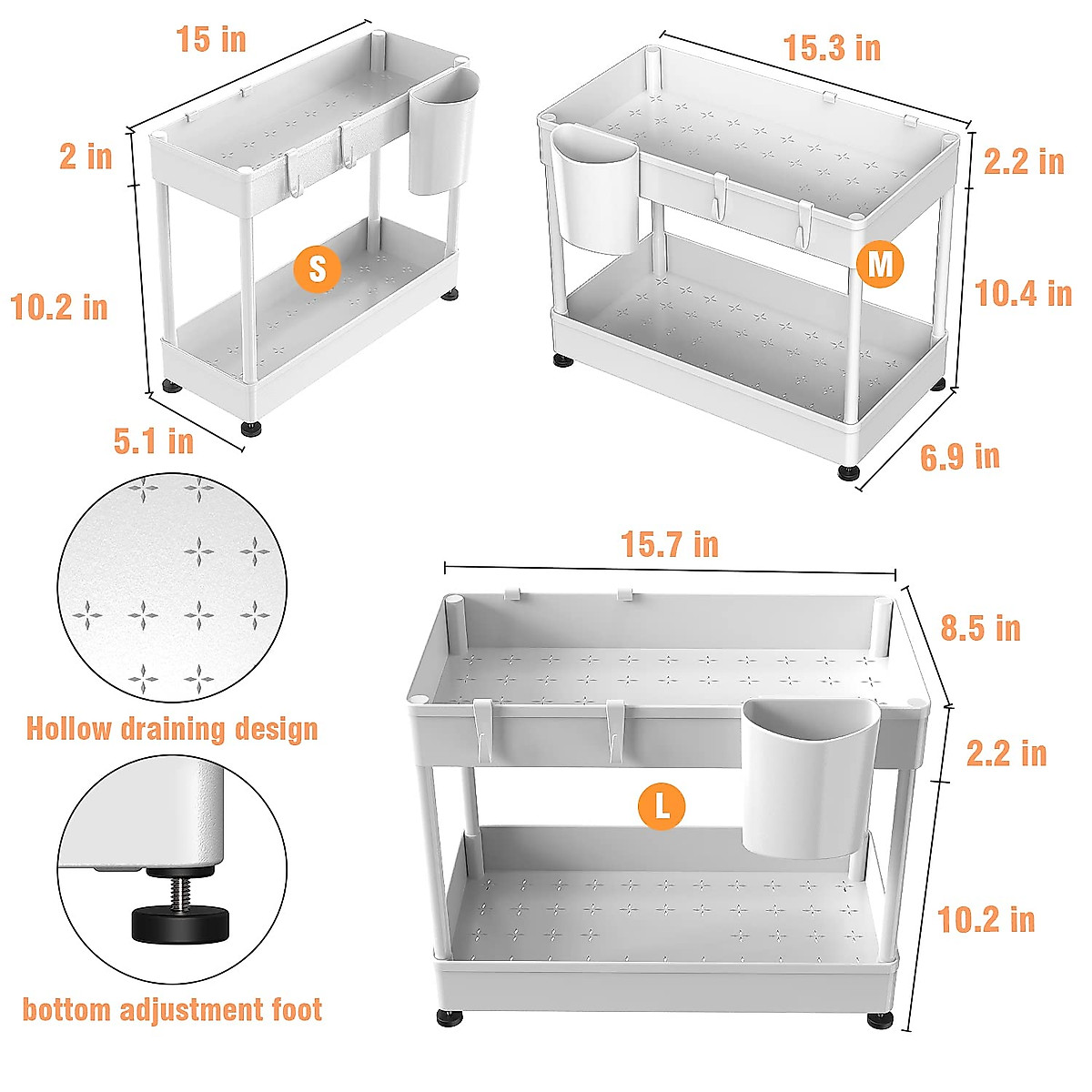 3 Pack Under Sink Organizers and Storage,2 Tier Under the Sink Organizer with 12 Hooks and 3 Cups,ABS Material Multi-purpose Under Cabinet Organizers and Storage for Bathroom Kitchen Laundry Room