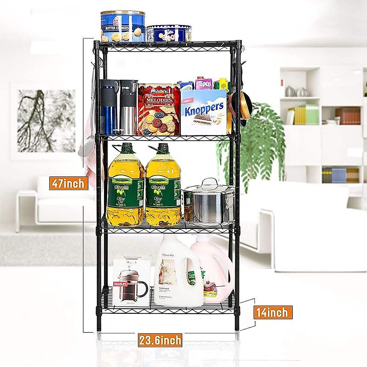 Catalina Creations 4-Shelf Wire Shelving Unit, Metal Storage Shelves, Heavy Duty Shelving with Liners, Adjustable Height Storage Rack for Pantry Closet Kitchen Garage (23.6" W x 14" D x 47" H, Black)