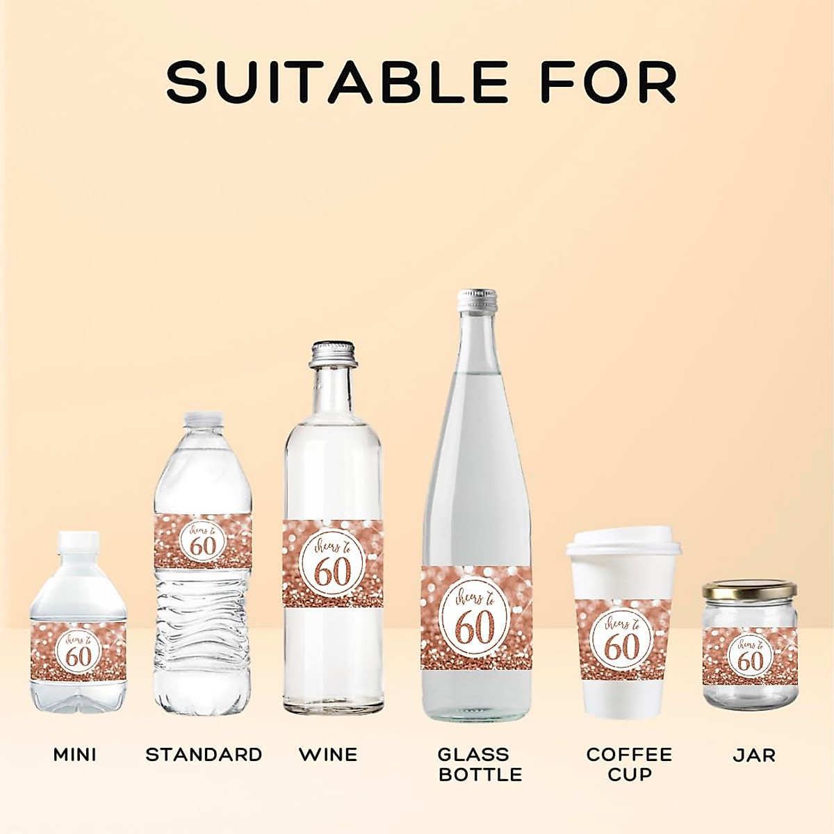 Andaz Press Glitzy Faux Glitter Rose Gold Water Bottle Labels Stickers, Cheers to 60, 60th Birthday Water Bottle Labels Anniversary 60th Birthday Decorations for Women Birthday Party Favors, 20-Pack