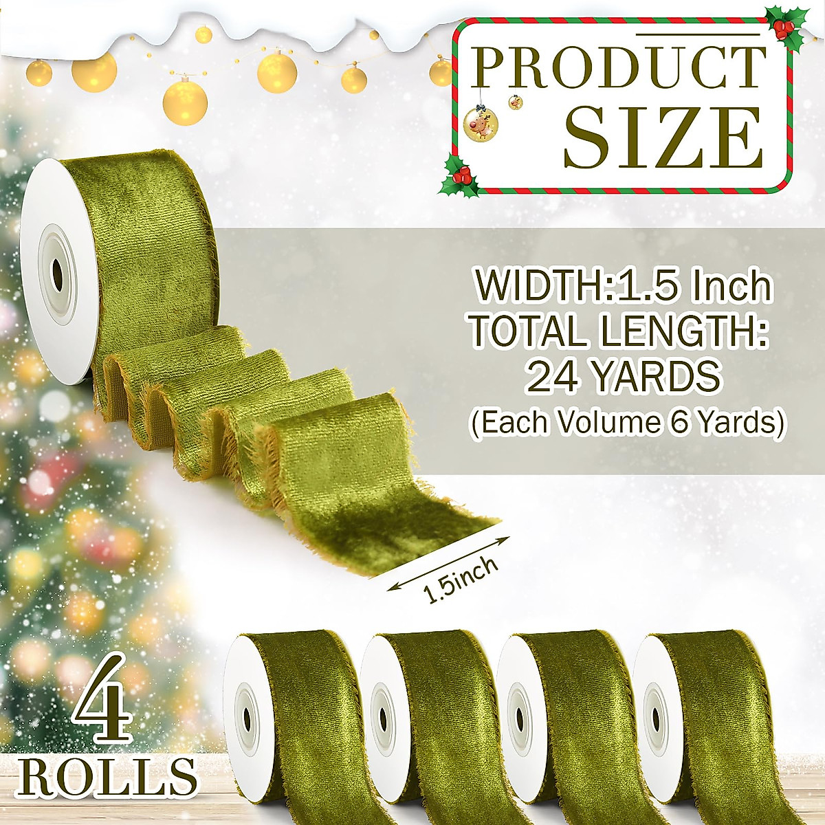 Preboun 4 Rolls Velvet Ribbon for Gift Wrapping 24 Yards Total Frayed Edge Velvet Silk Ribbon for Valentine‘s Day Wedding Baby Shower DIY Crafts Decor(Olive Green,1.5 Inch)