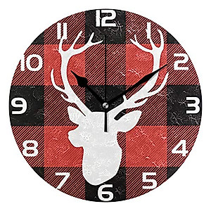 Oreayn Buffalo Check Plaid Christmas Deer Wall Clock for Home Office Bedroom Living Room Decor Non Ticking