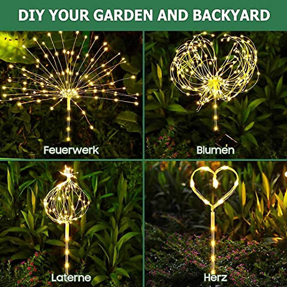 E-Kong Outdoor Solar Garden Lights 4 Pack, Upgraded 125 LEDs Outdoor Lights for Patio, Solar Fireworks Light with 2 Modes, IP65 Waterproof, Solar Pathway Lights for Yard, Garden, Walkway (Warm White)