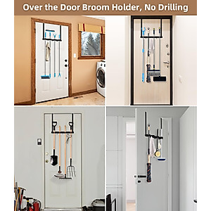 PrimZooty Broom Holder Over The Door 2PCS - 304 Stainless Steel Mop and Broom Hanger Wall Mounted or Hanging Over The Door with Hooks - Tool Organizer for Garage Closet Laundry Kitchen Decor