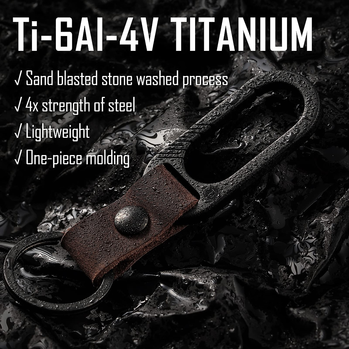 KeyUnity KM02BK Titanium Belt Clip Carabiner Leather Keychain Holder with Removable Stainless Steel Key Ring (Black)