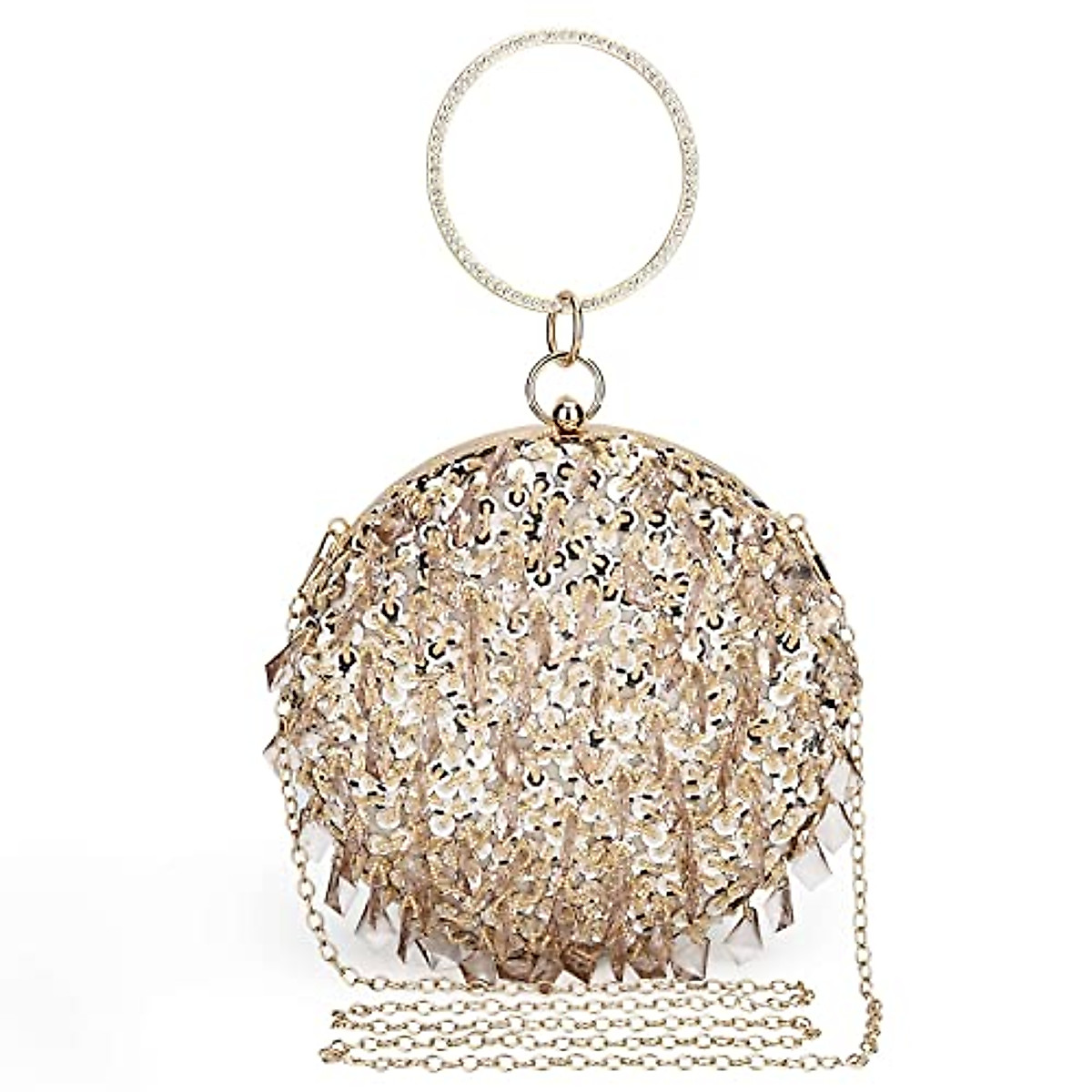 UBORSE Round Clutch Purse for Women Gold Beaded Evening Bag Crystal Sequin Prom Party Handbag with Rhinestone Handle