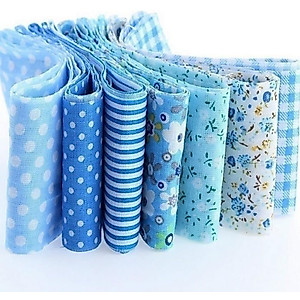 7Pcs Blue Cotton Craft Fabric Bundle Squares Patchwork DIY Sewing Scrapbooking Quilting Floral Dot Pattern Craft and Hobby Fabric 10" x 10" (25cm x 25cm)