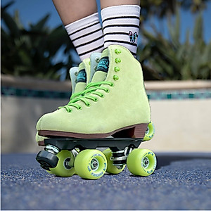 Sure-Grip Boardwalk Unisex Outdoor Roller Skates Material of Leather, Rubber, Suede & Aluminum Trucks | Comfortable, Extra Long Laces - Suitable for Beginners (Key Lime, Mens 7 / Womens 8)