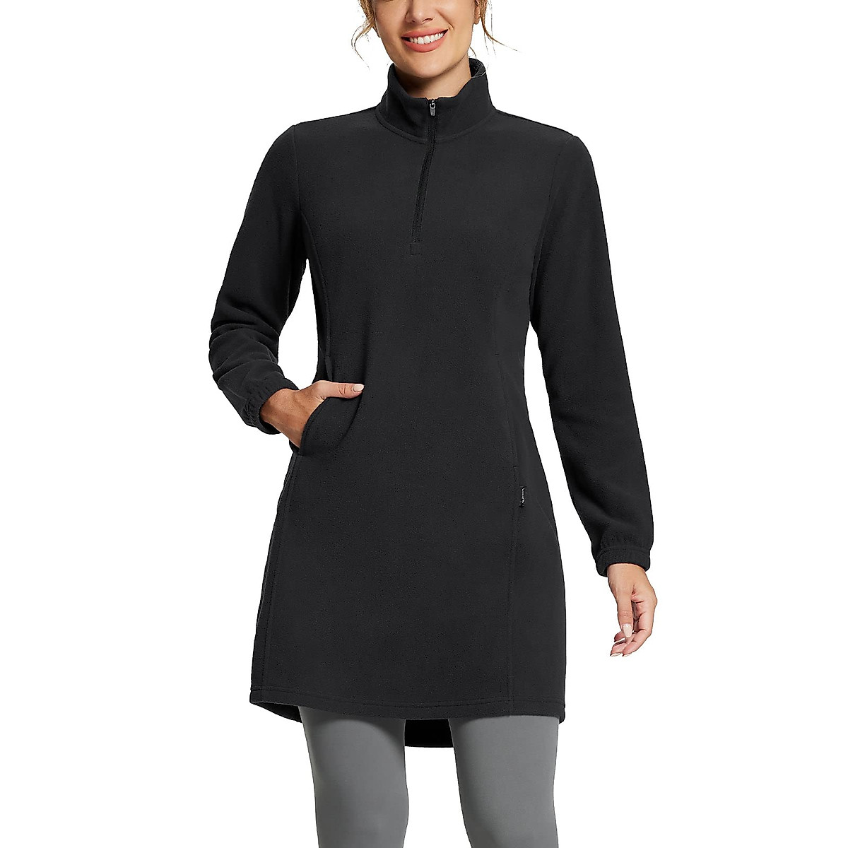 BALEAF Women's Fleece Dress Sweatshirt Tunic Long Quarter Zip Pullover Polar Winter Dress Cover Ups Pocket Black M