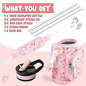 AEXPF Insulated Kids Water Bottle with Sleeve, 14 oz Double Wall Vacuum Stainless Steel Leakproof Thermos Water Bottle, Unicorn Pattern and Rainbow Pattern