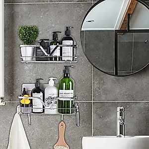 SIXDOVE Shower Caddies 2 PACK - No Drilling Adhesive Shower Organizer with Hooks, Rustproof SUS304 Stainless Steel Bathroom Shower Shelf, Shower Rack Large Shower Holder & Kitchen Storage (Silver)