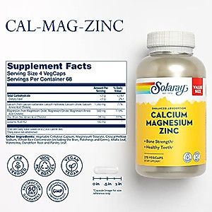 Solaray Calcium Magnesium Zinc Supplement, with Cal & Mag Citrate, Strong Bones & Teeth Support, Easy to Swallow Capsules, Vegan, 68 Servings, 275 VegCaps