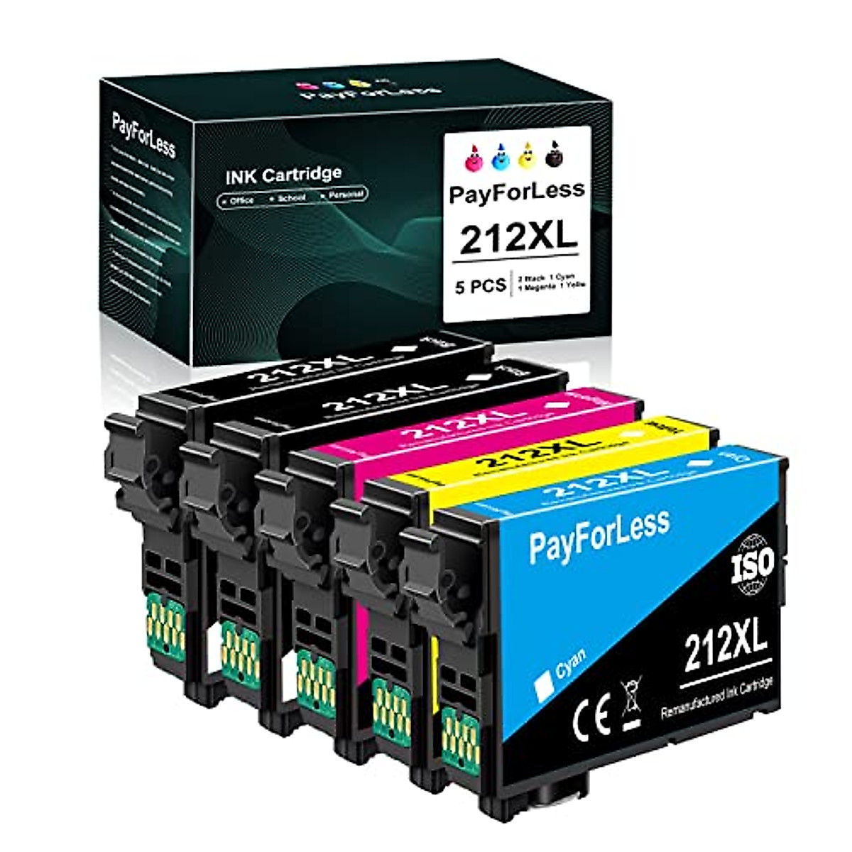 PayForLess Remanufactured 212XL Ink Cartridge for Epson 212XL T212XL 212 XL for Expression Home Epson XP-4100 Epson XP-4105 Workforce WF-2830 WF-2850 Printer 5pack(2 Black Cyan Magenta Yellow)