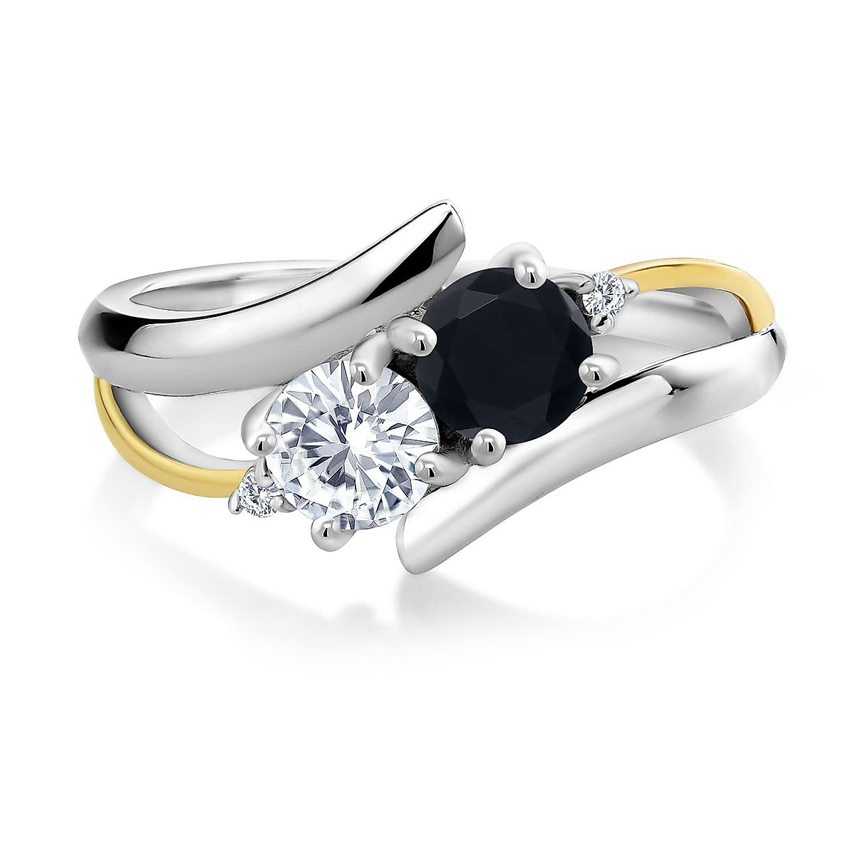 Gem Stone King 925 Silver and 10K Yellow Gold Black Onyx and White Moissanite 2 Stone Crossover Women Ring (0.98cttw, Available in size 5, 6, 7, 8, 9)