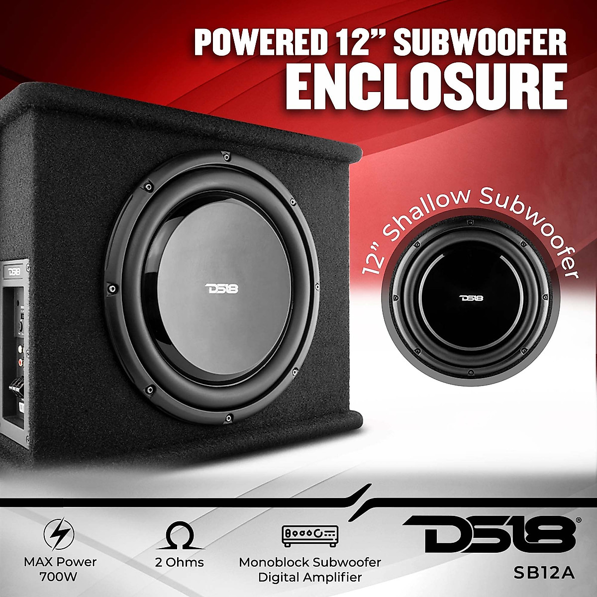 DS18 SB12A 12 Inches Shallow Subwoofer Enclosure with Built in Amplifier – Car Audio All in One Amplifier and Subwoofer Bass Package 700 Watts Power – Great Stealth Car Subwoofer in Box with Amp