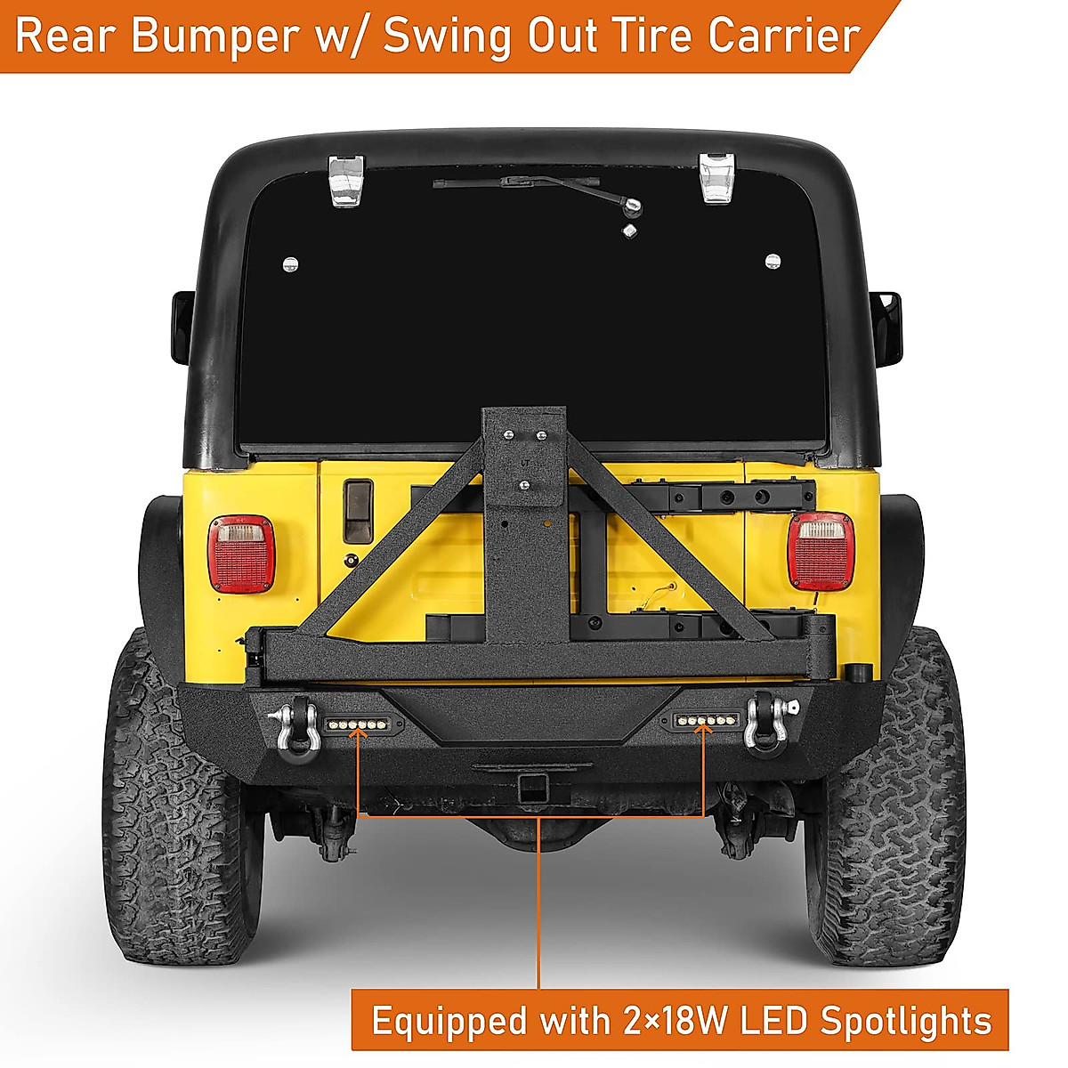 Hooke Road Wrangler Rear Bumper w/Tire Carrier & 2" Hitch Receiver Off-Road Back Bumper for Jeep Wrangler TJ/YJ 1987-2006 (Solid Steel)