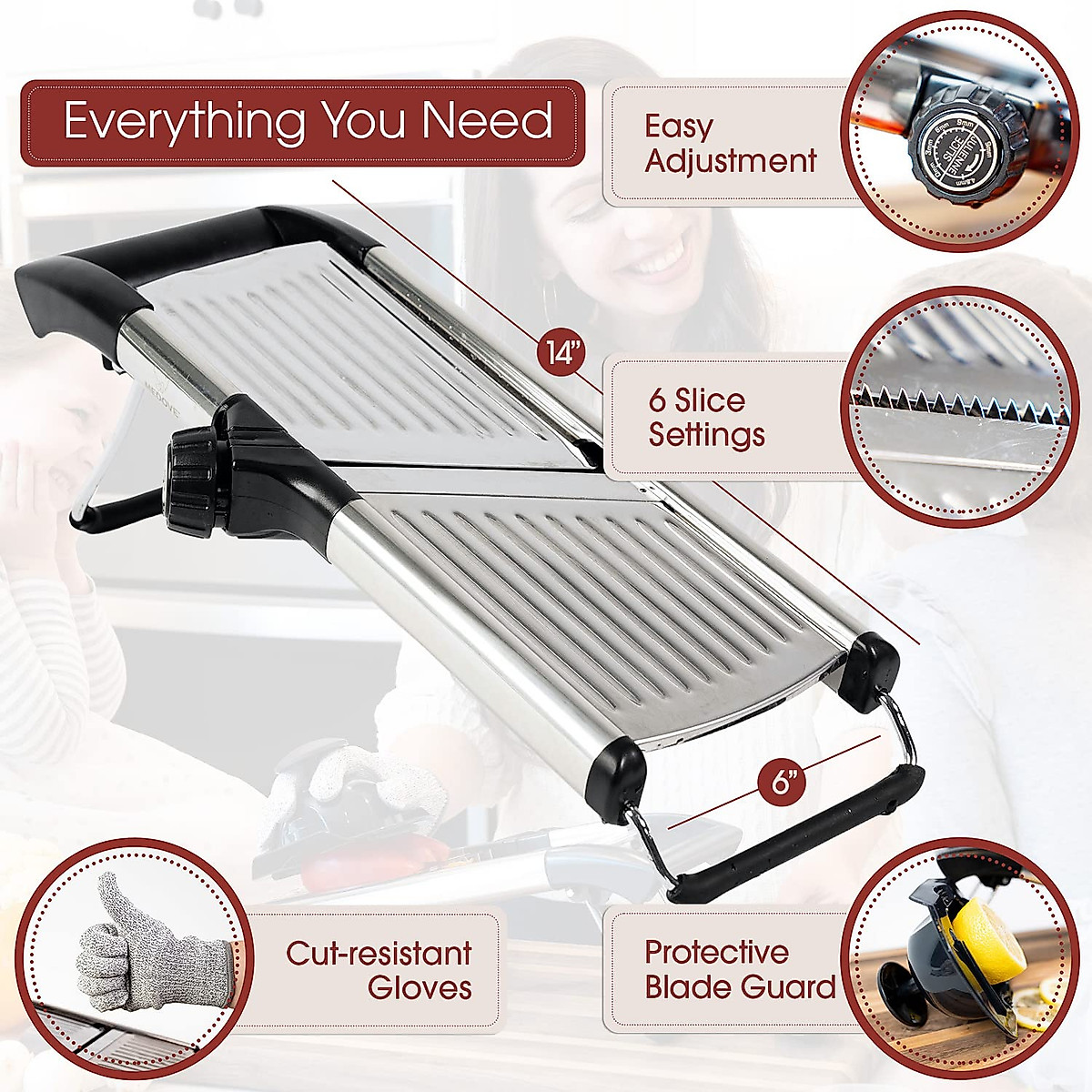 Mandoline Slicer – 6-Setting Adjustable Mandoline Slicer for Kitchen, 16.5 x 5 In. Platform, Hand Guard, Cut-Resistant Gloves – Vegetable Chopper, Meat Slicer, Cheese Slicer by Medove