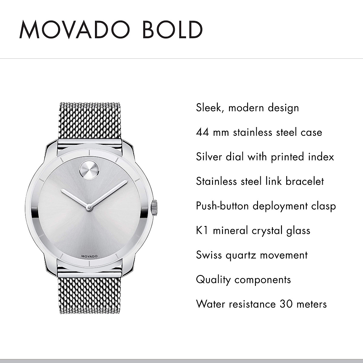 Movado Men's BOLD Thin Stainless Steel Watch with a Printed Index Dial, Silver (Model 3600260)