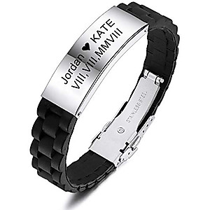 MeMeDIY Custom Name Bracelet Personalized Engraving for Men Women Rubber Silicone Sport Wrist Identification ID Tag Stainless Steel Bracelet Adjustable (Silver Color)