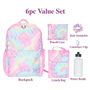CLUB LIBBY LU Tie Dye Backpack Set for Girls, 16 inch, 6 Pieces - Includes Foldable Lunch Bag, Water Bottle, Scrunchie, & Pencil Case