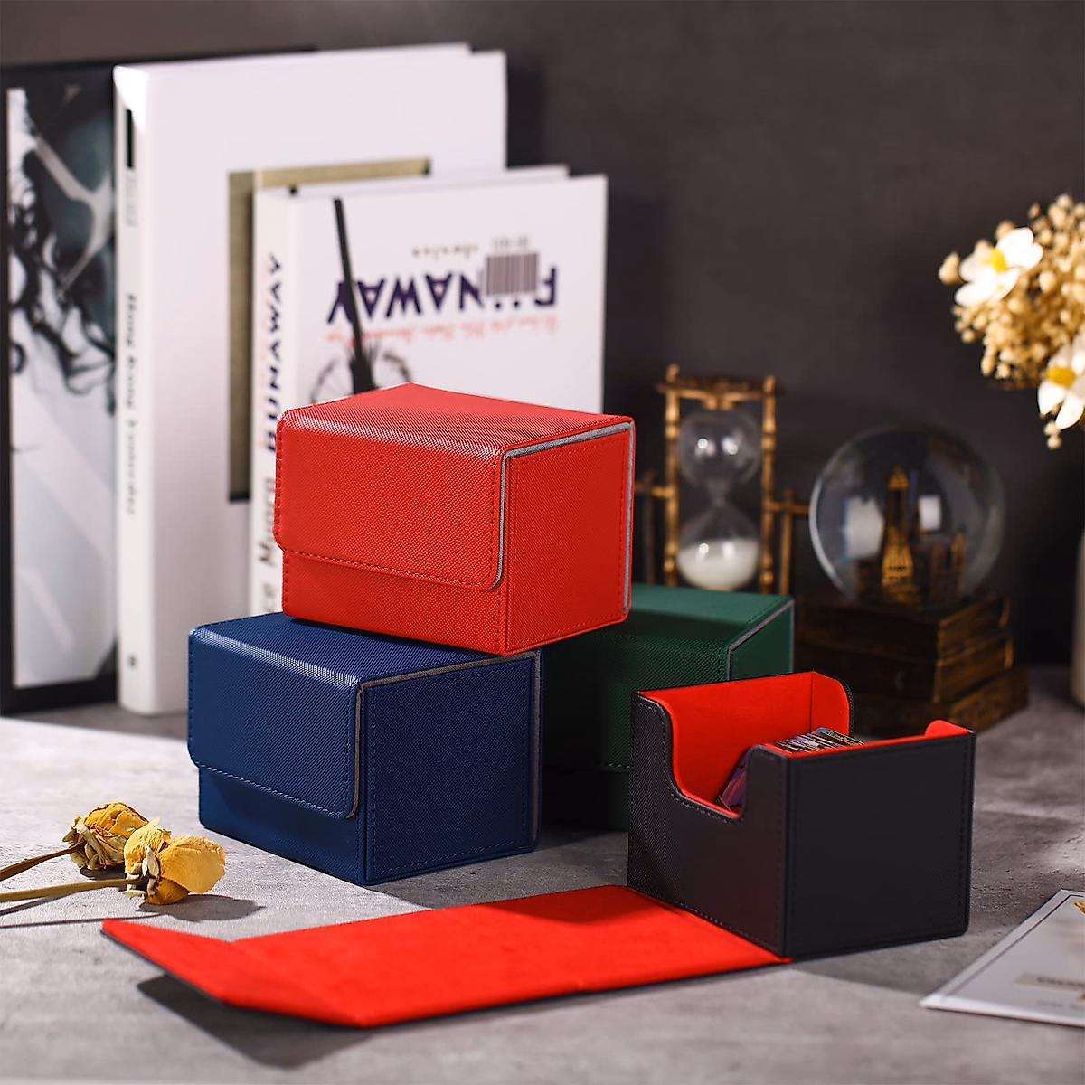 Yookeer 4 Pieces Leather Deck Card Boxes Cards Deck Game Box for Collectible Playing Card Box Compatible with MTG Commander Decks (Black, Green, Red, Blue, Horizontal)