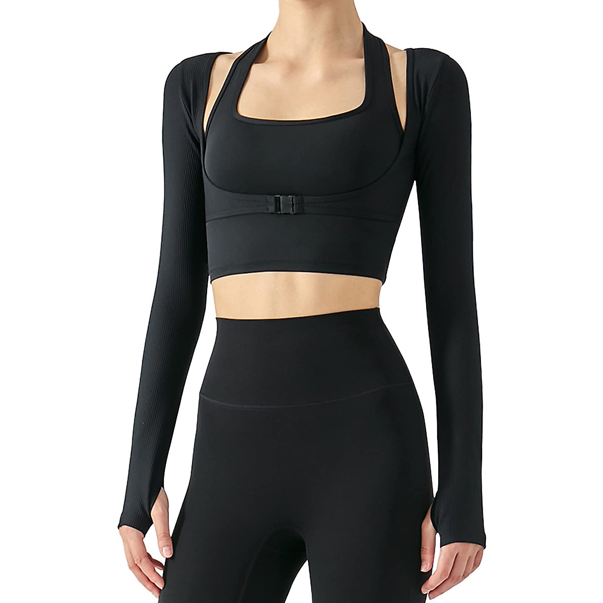 SEAUR Womens Yoga Crop Top Slim Fit Workout Top Cropped Long Sleeve Gym Top Stretch Cutout Yoga Sports Tee Long Sleeve Crop Top T Shirts XL Black