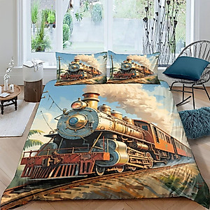 EVMILA Steam Train Comforter Covers for Boys Girls 3D Print Steampunk Duvet Cover Quilt Cover with Pillow Cases with Zipper Closure Bedding Set Soft Microfiber 3 Pieces Twin（173x218cm）