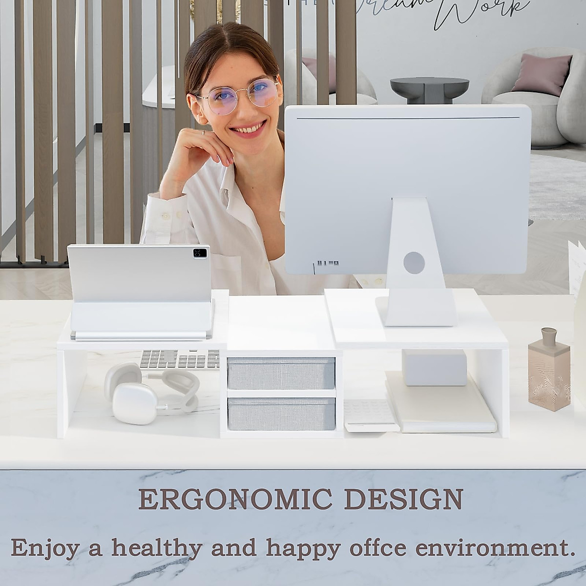 TEAMIX Dual Monitor Stand Riser with 2 Drawers - Length and Angle Adjustable White Monitor Stand with Storage Large Computer Riser for 2 Monitors/Laptop/PC, Wood Screen/TV Stand Desk Organizer