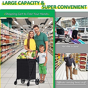 Spurgehom Grocery Cart on Wheels Folding Shopping Carts for Groceries 140L Jumbo with Removable Liner and Double Basket,360° Rolling Laundry Cart Lightweight Trolley for Seniors 280lb Capacity