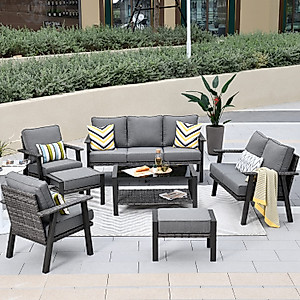 ovios Patio Furniture Set 7-Pieces Outdoor Wicker Rattan Sofa with Coffee Table Loveseat Ottomans, High Back All Weather Conversation Set with Comfy Cushions, Dark Grey